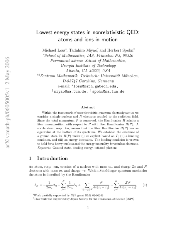 (PDF) Lowest energy states in nonrelativistic QED: atoms and ions in motion