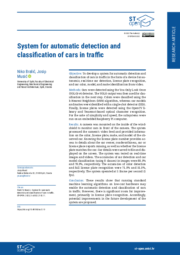 (PDF) System for automatic detection and classification of cars in traffic