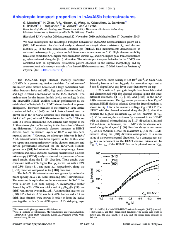 (PDF) Anisotropic transport properties in InAs/AlSb heterostructures
