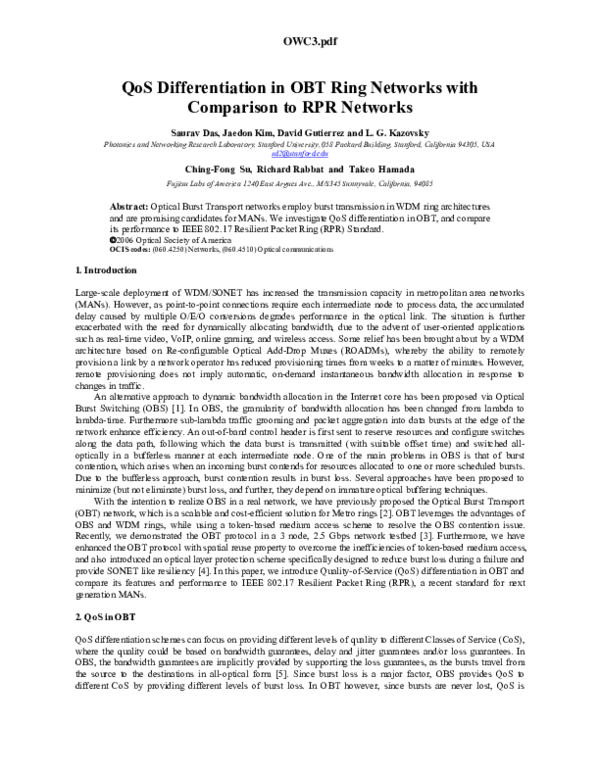 (PDF) QoS Differentiation in OBT Ring Networks with Comparison to RPR Networks