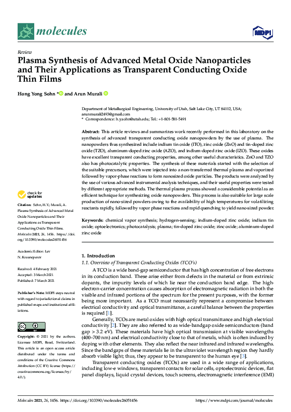 (PDF) Plasma Synthesis of Advanced Metal Oxide Nanoparticles and Their ...