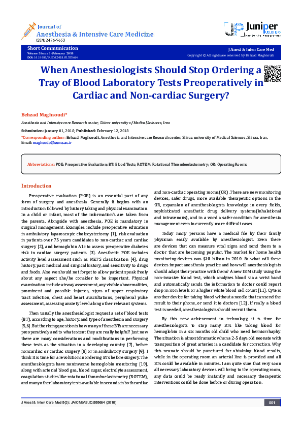 (PDF) When Anesthesiologists Should Stop Ordering a Tray of Blood ...