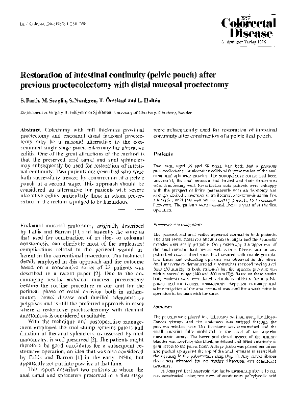 (PDF) Restoration of intestinal continuity (pelvic pouch) after ...