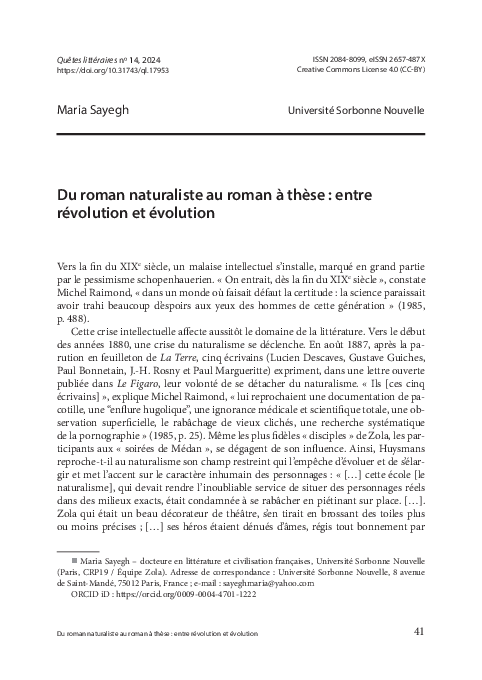 (PDF) Du roman naturaliste au roman à thèse : entre révolution et évolution
