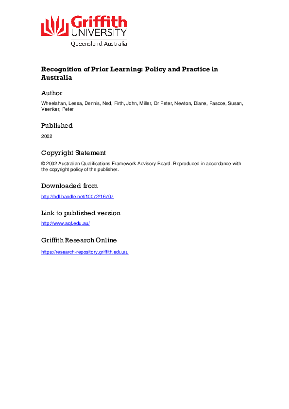 (PDF) Recognition of Prior Learning: Policy and Practice In Australia