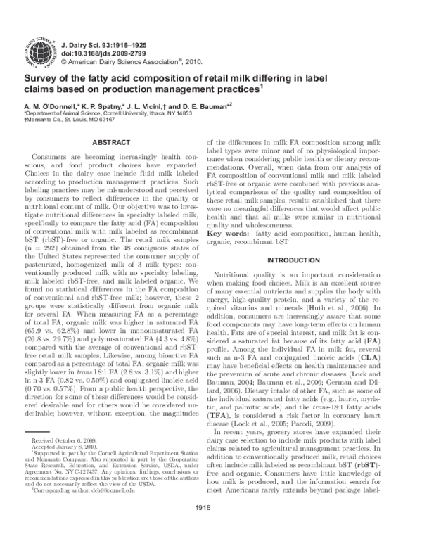 (PDF) Survey of the fatty acid composition of retail milk differing in ...