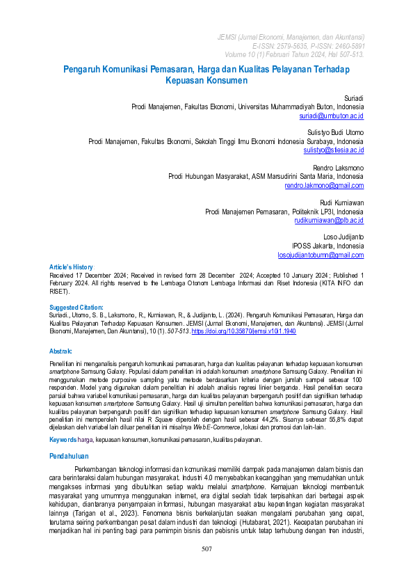 (PDF) Pengaruh Komunikasi Pemasaran, Harga dan Kualitas Pelayanan Terhadap Kepuasan Konsumen