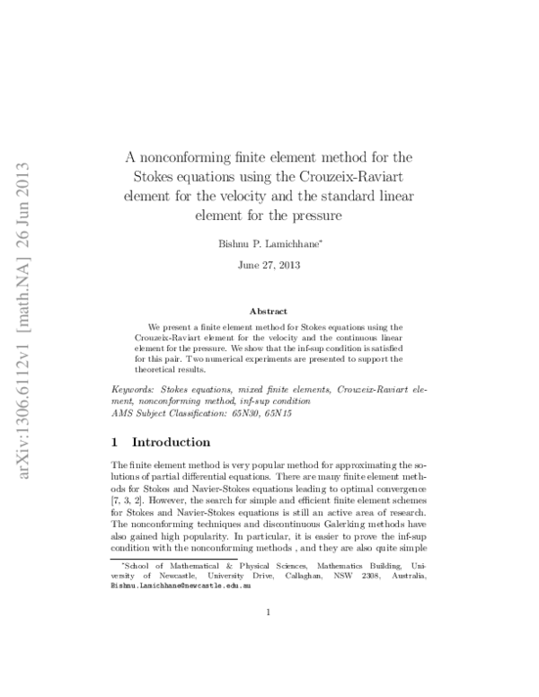 (PDF) A nonconforming finite element method for the Stokes equations using the Crouzeix-Raviart ...