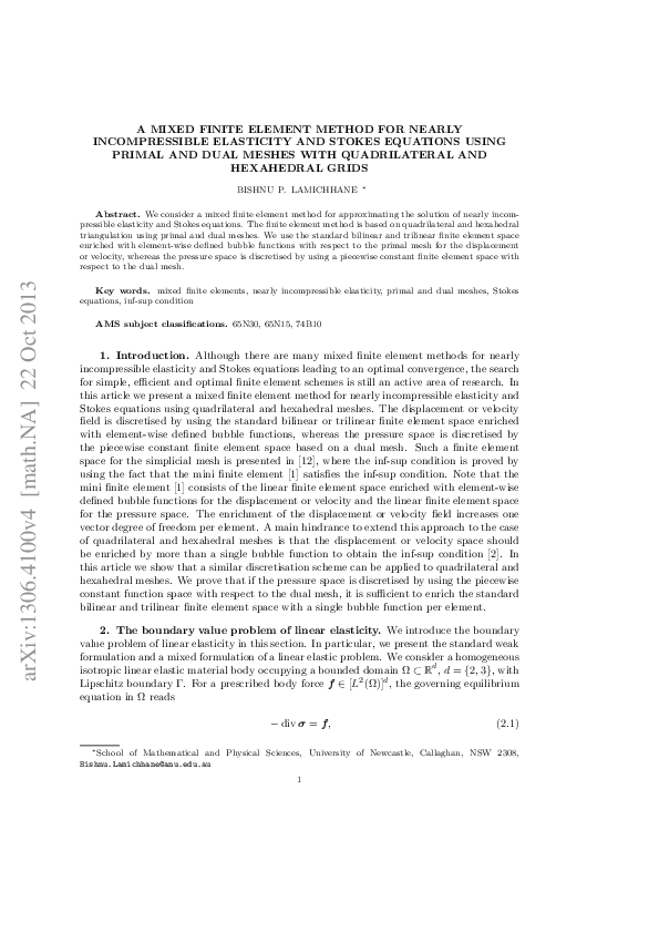 (PDF) A mixed finite element method for nearly incompressible elasticity and Stokes equations ...
