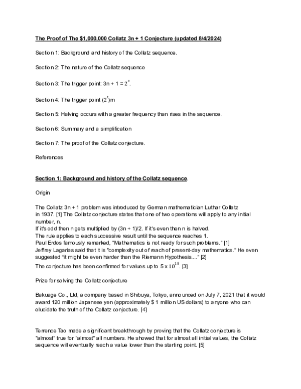 (PDF) The Proof of The $1,000,000 Collatz 3n + 1 Conjecture (updated 8 ...
