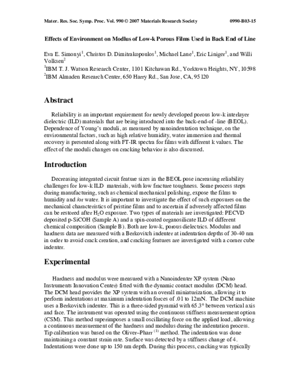 (PDF) Effects of Environment on Modlus of Low-k Porous Films Used in ...