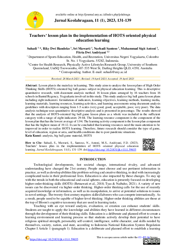 (PDF) Teachers’ lesson plan in the implementation of HOTS oriented physical education learning
