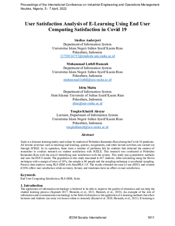 (PDF) User Satisfaction Analysis of E-Learning Using End User Computing Satisfaction in Covid 19