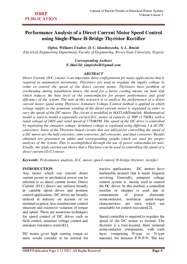 (PDF) Performance Analysis of a Direct Current Motor Speed Control using Single-Phase H-Bridge ...