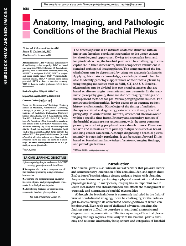 (PDF) Anatomy, Imaging, and Pathologic Conditions of the Brachial Plexus