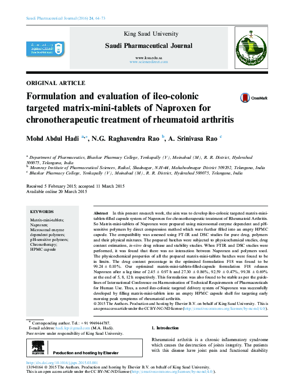 Pdf Formulation And Evaluation Of Ileo Colonic Targeted Matrix Mini Tablets Of Naproxen For