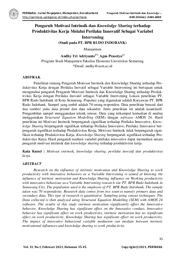 (PDF) Pengaruh Motivasi Intrinsik dan Knowledge Sharing terhadap Produktivitas Kerja melalui ...
