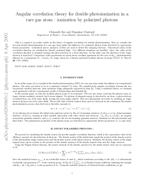 Pdf Angular Correlation Theory For Double Photoionization In A Rare