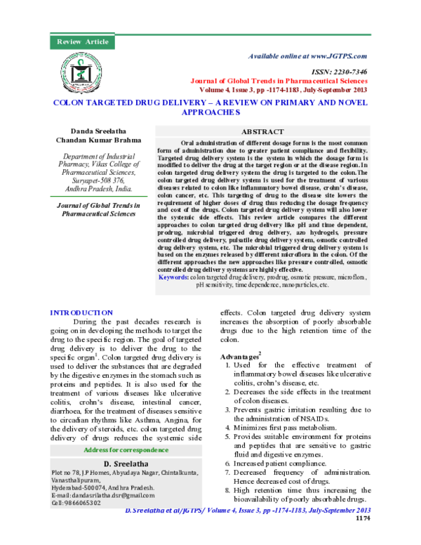 Pdf Colon Targeted Drug Delivery A Review On Primary And Novel Approaches