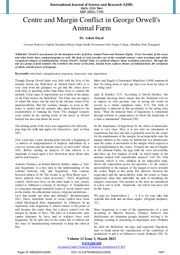 (PDF) Centre and Margin Conflict in George Orwell's Animal Farm