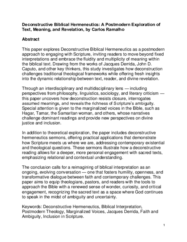 (PDF) Deconstructive Biblical Hermeneutics: A Postmodern Exploration of ...