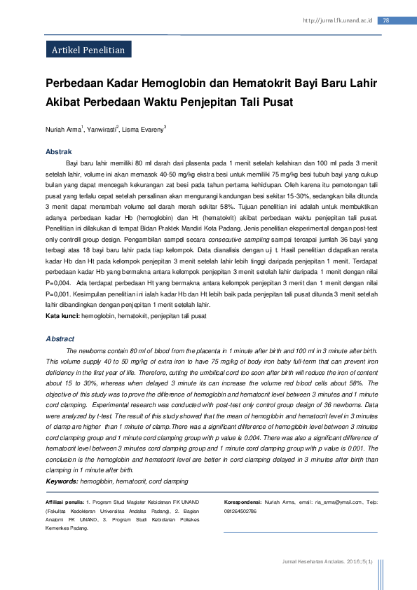 (PDF) Perbedaan Kadar Hemoglobin dan Hematokrit Bayi Baru Lahir Akibat ...