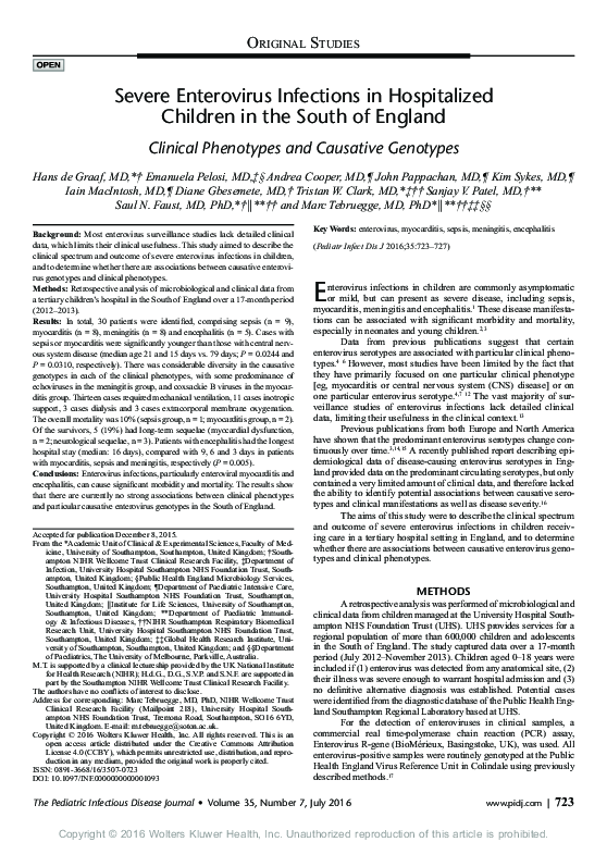 (PDF) Severe Enterovirus Infections in Hospitalized Children in the ...