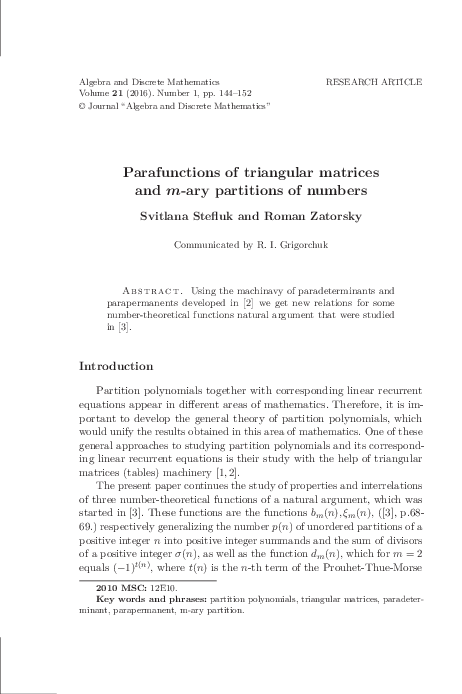 (PDF) Parafunctions of triangular matrices and \(m\)-ary partitions of ...