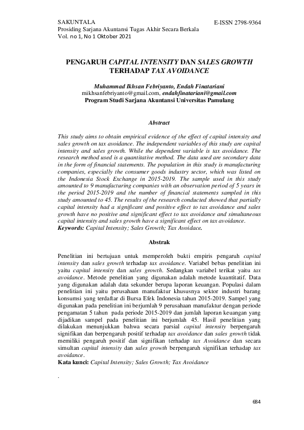 (PDF) Pengaruh Capital Intensity Dan Sales Growth Terhadap Tax Avoidance
