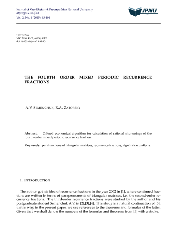 (PDF) The Fourth Order Mixed Periodic Recurrence Fractions