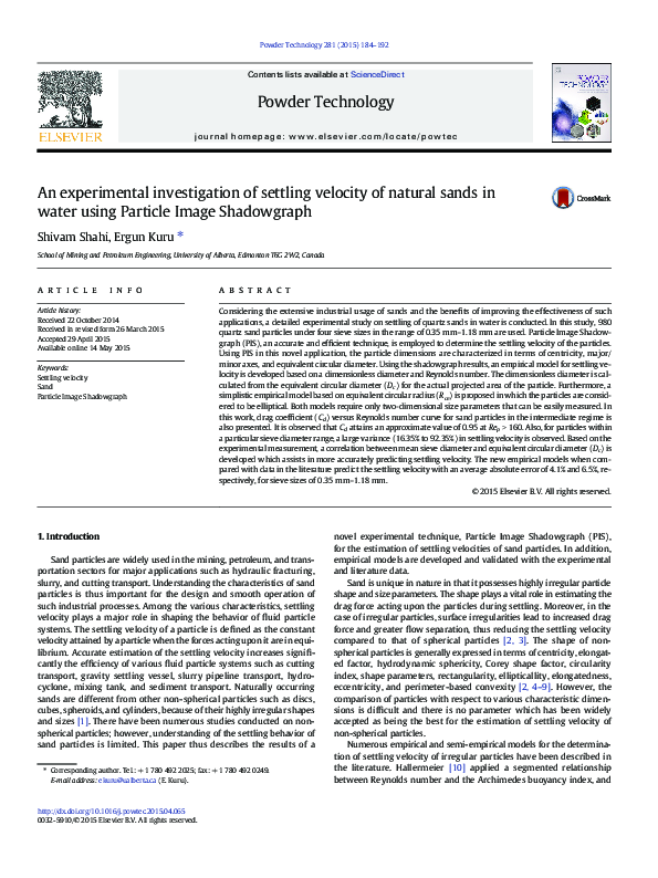 (PDF) An experimental investigation of settling velocity of natural sands in water using ...