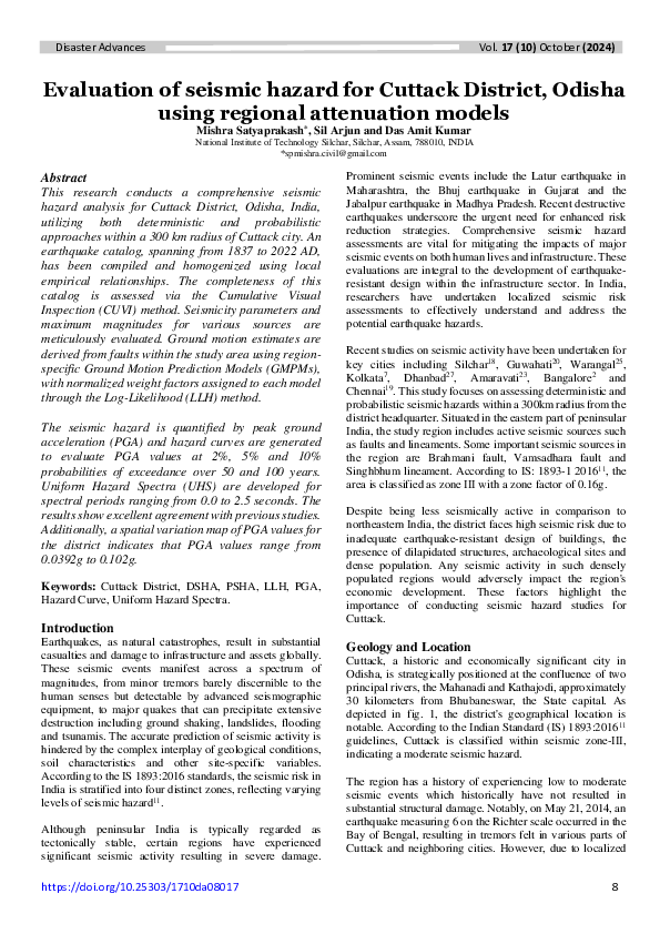 (PDF) Evaluation of seismic hazard for Cuttack District, Odisha using regional attenuation models