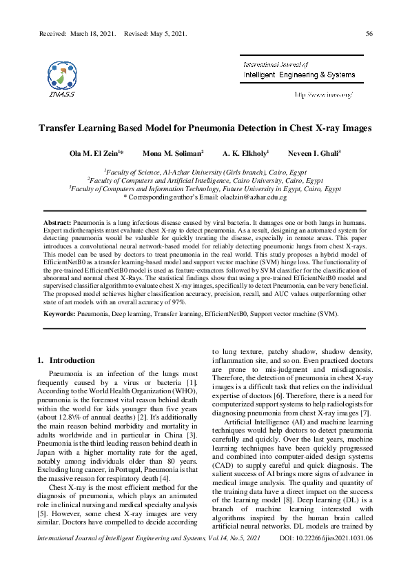 (PDF) Transfer Learning Based Model for Pneumonia Detection in Chest X ...