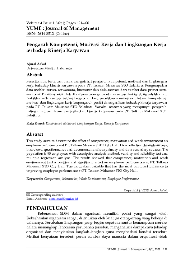 (PDF) Pengaruh Kompetensi, Motivasi Kerja dan Lingkungan Kerja terhadap Kinerja Karyawan