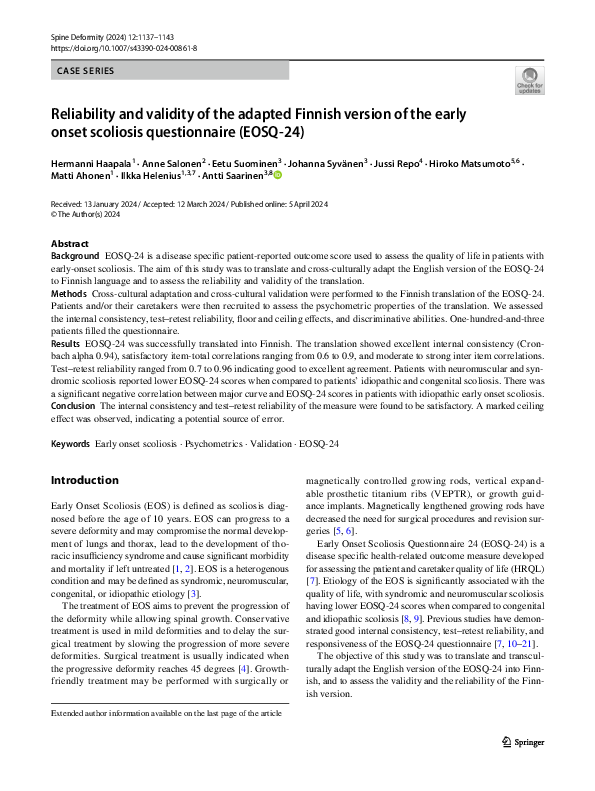 (PDF) Reliability and validity of the adapted Finnish version of the early onset scoliosis ...