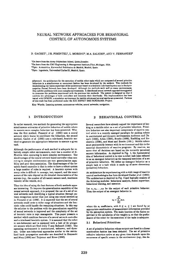 (PDF) Neural Network Approaches for Behavioral Control of Autonomous Systems