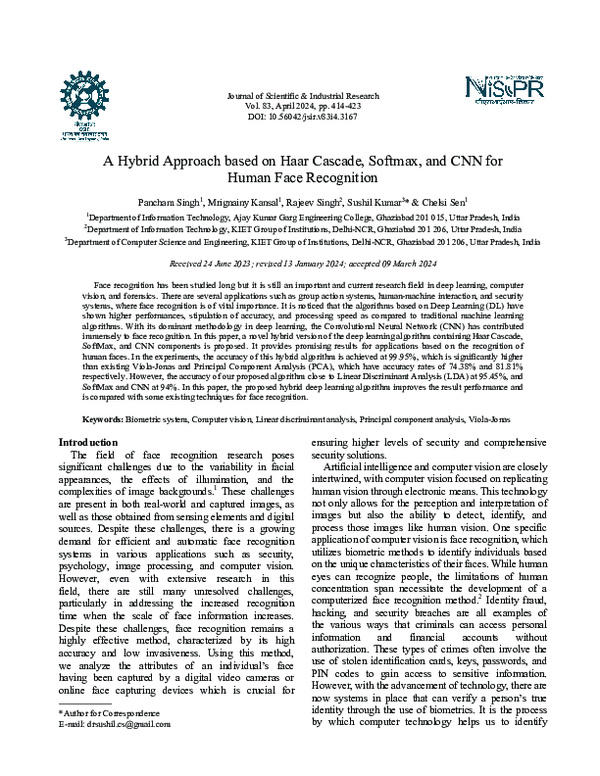 (PDF) A Hybrid Approach based on Haar Cascade, Softmax, and CNN for Human Face Recognition