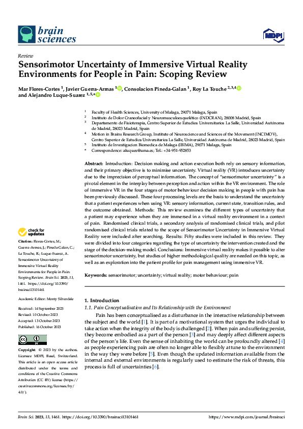 (PDF) Sensorimotor Uncertainty of Immersive Virtual Reality Environments for People in Pain ...
