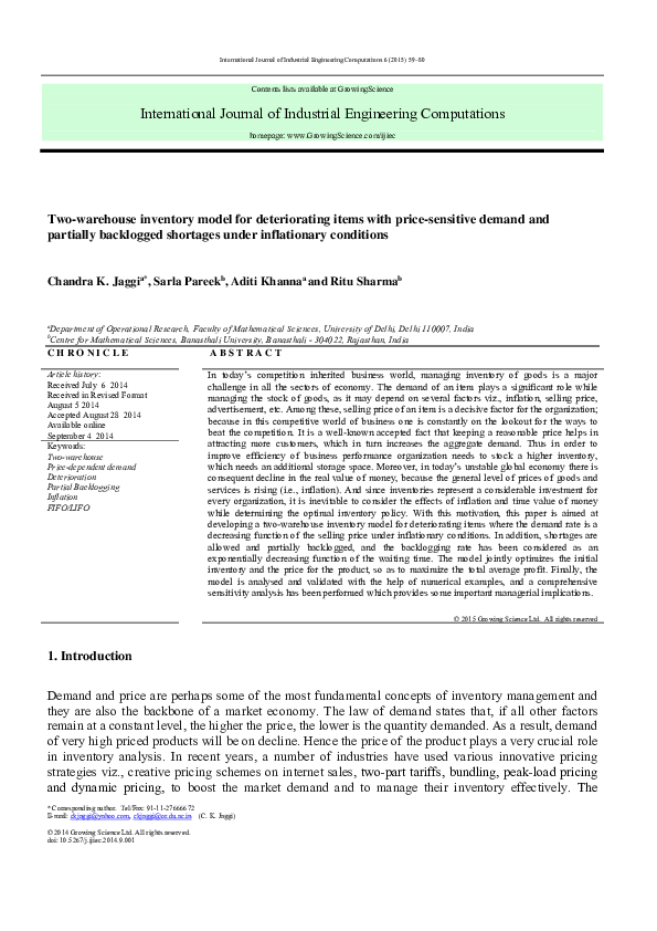 Pdf Two Warehouse Inventory Model For Deteriorating Items With Price Sensitive Demand And