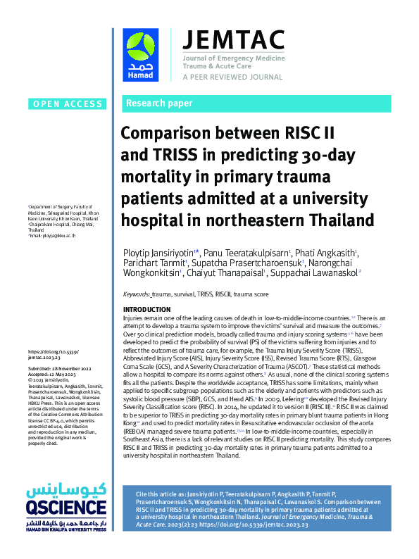 (PDF) Comparison between RISC II and TRISS in predicting 30-day ...