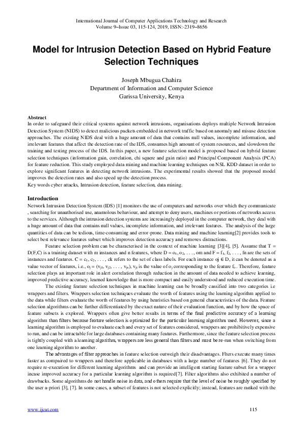Pdf Model For Intrusion Detection Based On Hybrid Feature Selection Techniques