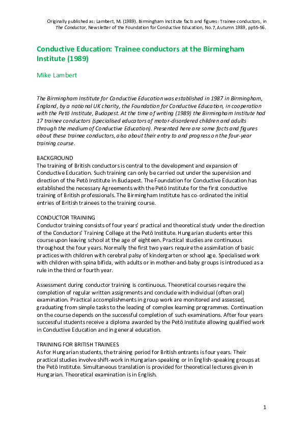 (PDF) Conductive Education: Trainee conductors at the Birmingham Institute (1989)