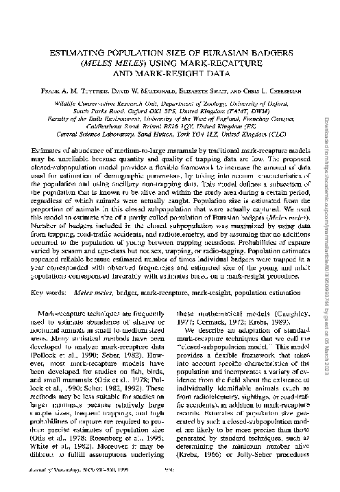 (PDF) Estimating Population Size of Eurasian Badgers (Meles meles) Using Mark-Recapture and Mark ...