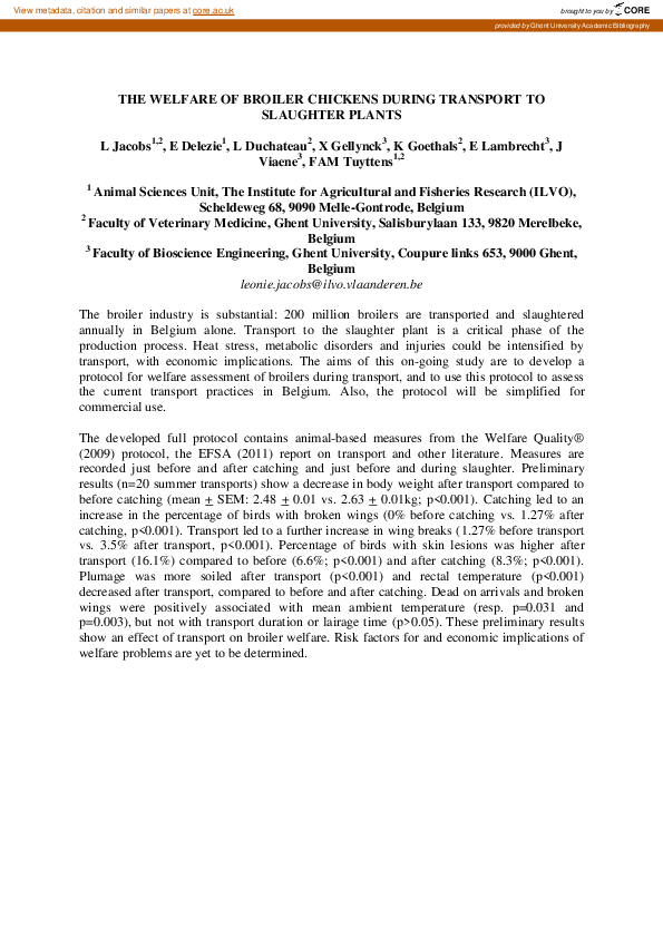 (PDF) The welfare of broiler chickens during transport to slaughter plants