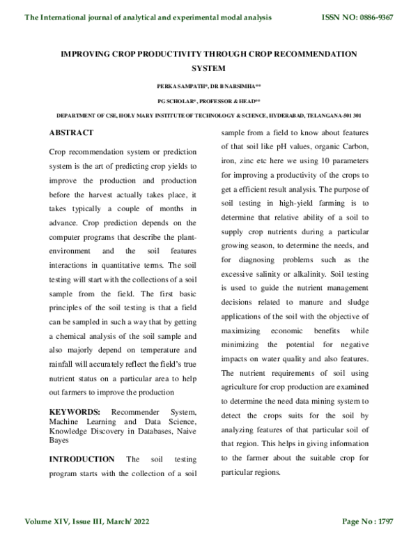 (PDF) IMPROVING CROP PRODUCTIVITY THROUGH CROP RECOMMENDATION SYSTEM