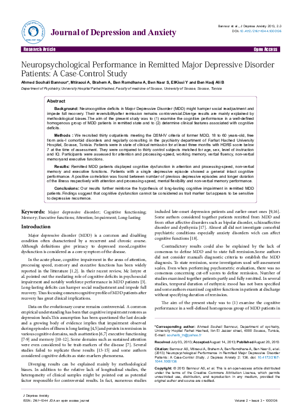 (PDF) Neuropsychological Performance in Remitted Major Depressive ...