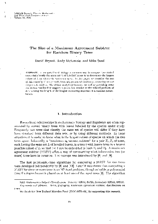 (PDF) The size of a maximum agreement subtree for random binary trees