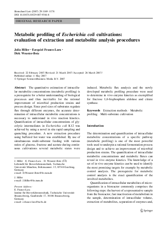 (PDF) Metabolic profiling of Escherichia coli cultivations: evaluation ...