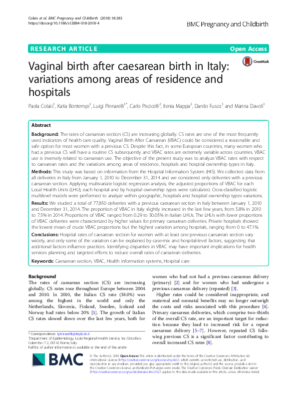 (PDF) Vaginal birth after caesarean birth in Italy: variations among areas of residence and ...