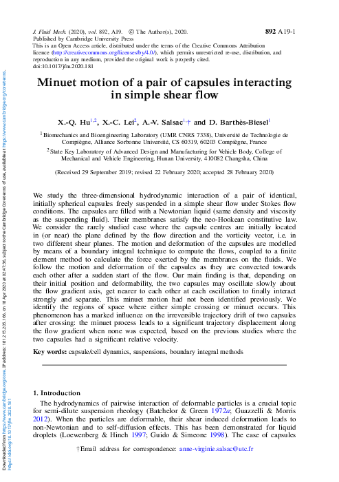(PDF) Minuet motion of a pair of capsules interacting in simple shear flow